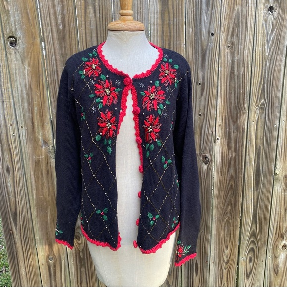 Vintage | Sweaters | Vintage Work In Progress Ugly Christmas Cardigan Sweater Poinsettia Knit M ...